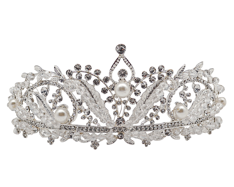 2 3/8" Silver Tiara with Clear Rhinestones, Crystal Beads, and White ...