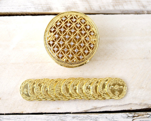 2" Gold Round Arras Box and Coin Set with Rhinestones - CB Flowers & Crafts