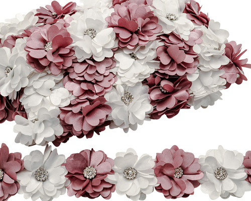 2"x 10 yards Mauve and White 3D Satin Flower Trim with Diamond Center ...