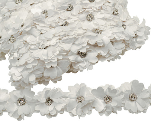 2"x 10 yards White and White 3D Satin Flower Trim with Diamond Center ...
