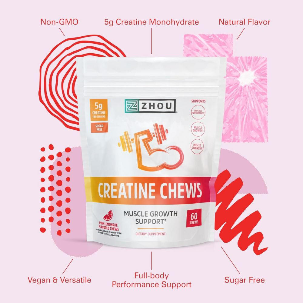 Zhou Creatine Chews Pink Lemonade 60 Count - Best Price Nutrition
