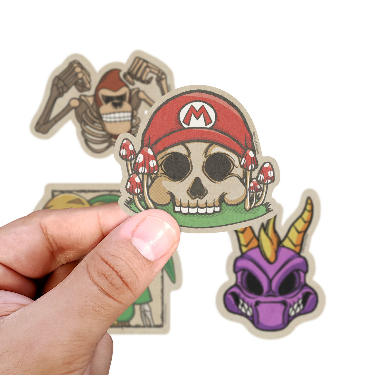 Retro Newsprint Video Game Mario Inspired Skull, 3x3"