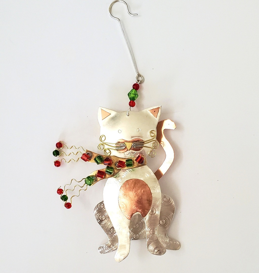 Merry Catmas Metal Cat Ornament with colored beads.