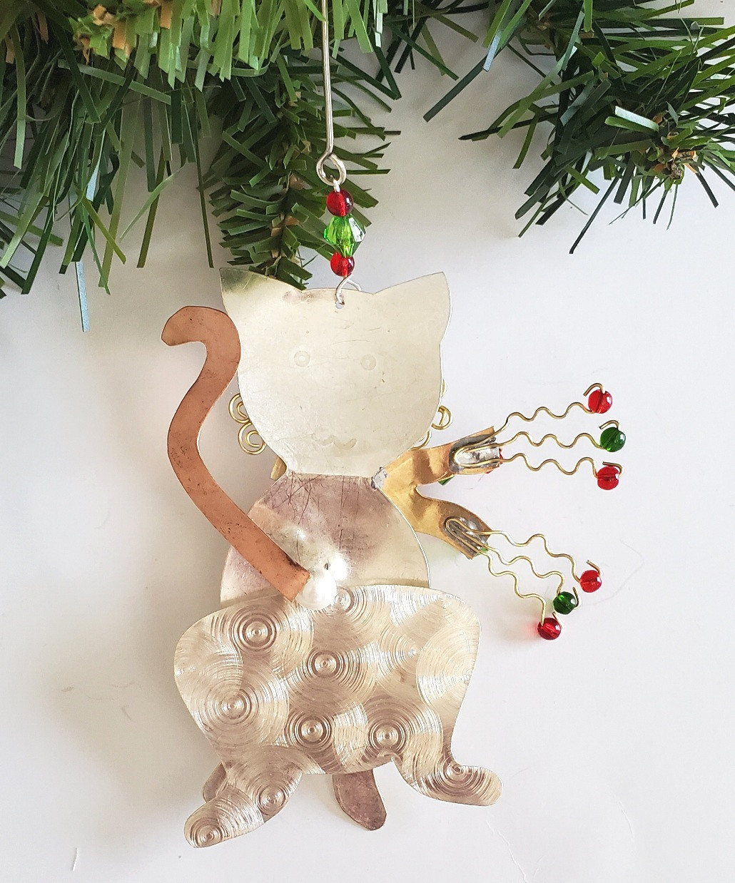 Merry Catmas Metal Cat Ornament with colored beads.