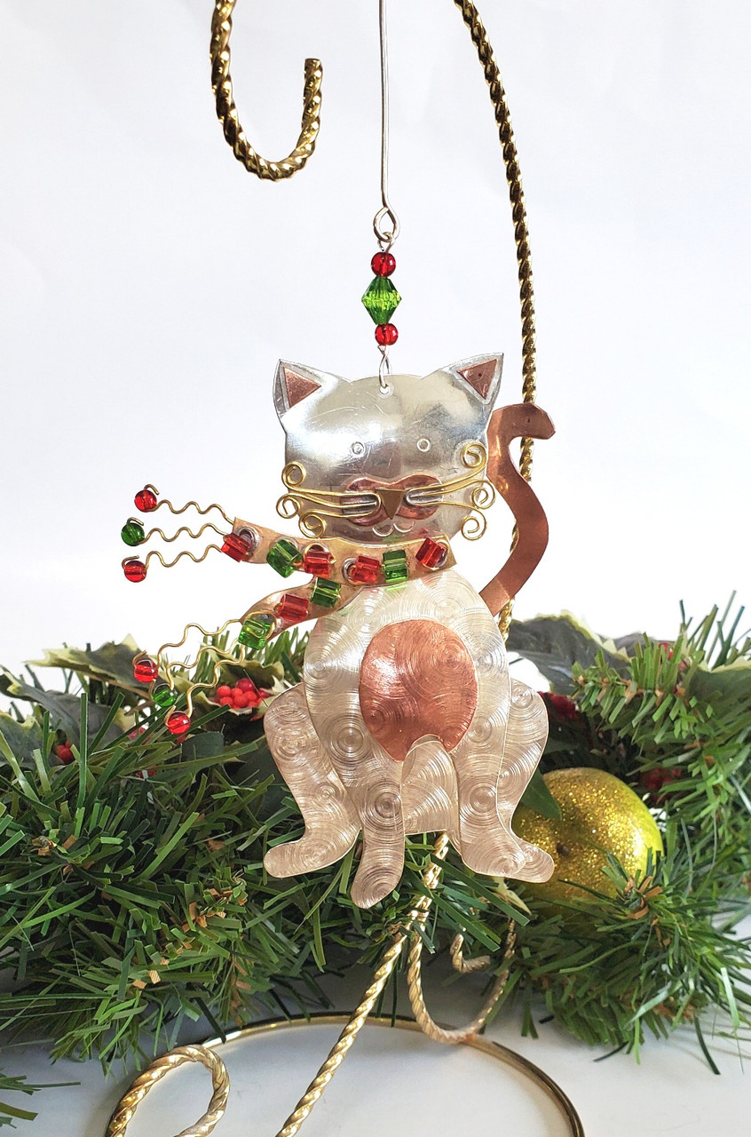 Merry Catmas Metal Cat Ornament with colored beads.