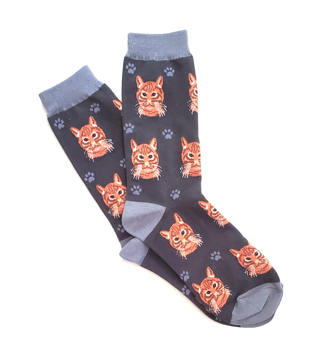 Orange Tabby Cat Face Socks, Dark Gray