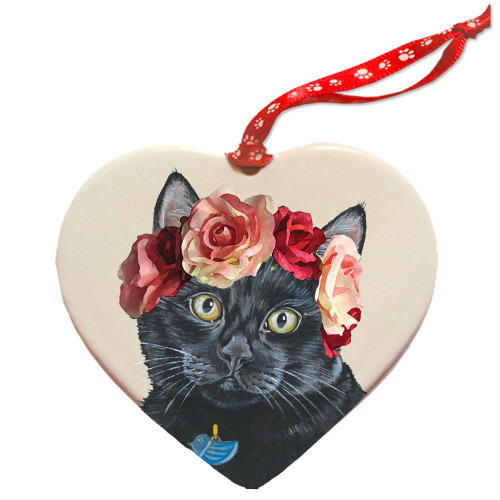 Black Cat Heart Shaped Ornament With Verse Motif On Back
