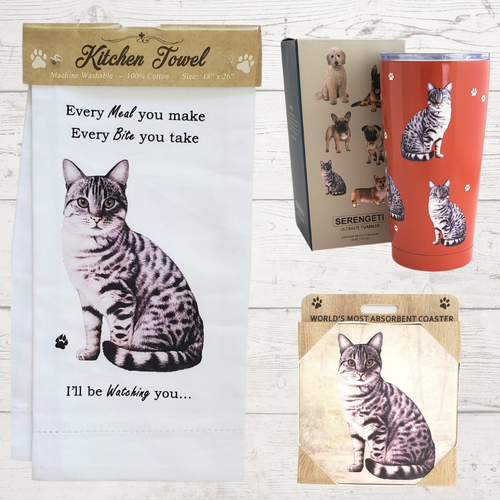 Brown or Gray Tabby Cat Gift Set featuring tumbler, towel and coaster