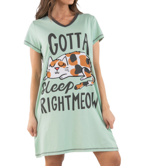 Cat "Gotta Sleep Right Meow" Sleepshirt or Nightshirt, V-Neck, Green color