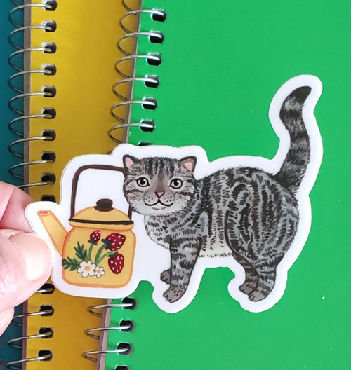 Gray Striped Tabby Cat with Teapot Die-cut Vinyl Sticker, 3" wide