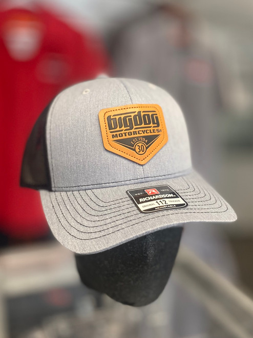 Grey Big Dog Trucker Hat, 30yrs Debossed Genuine Leather Logo