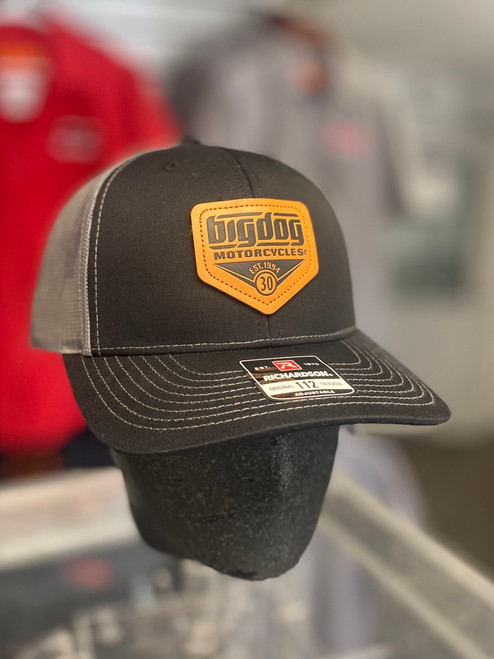 Black Big Dog Trucker Hat, 30yrs Debossed Genuine Leather Logo