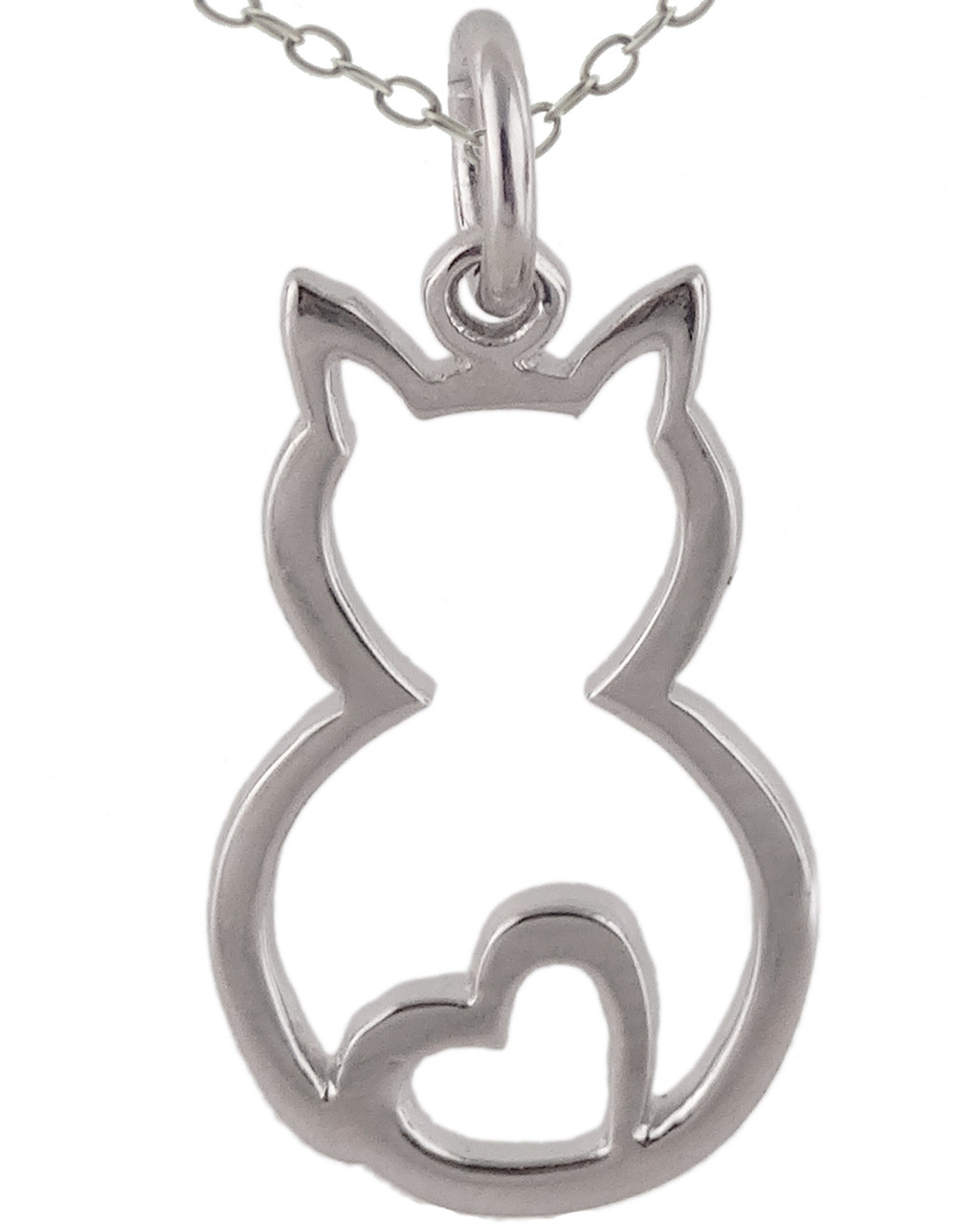 Cat Outline with Heart Tail Charm-925 Sterling Silver | REO Company