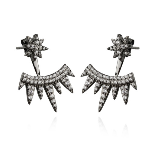 Black Star and Spikes Ear Jacket Earrings - 925 Sterling Silver Posts ...