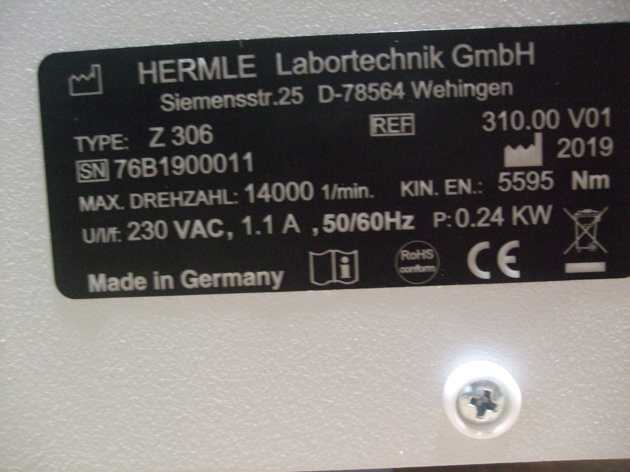 Hermle Z306 Centrifuge- EURO Cord