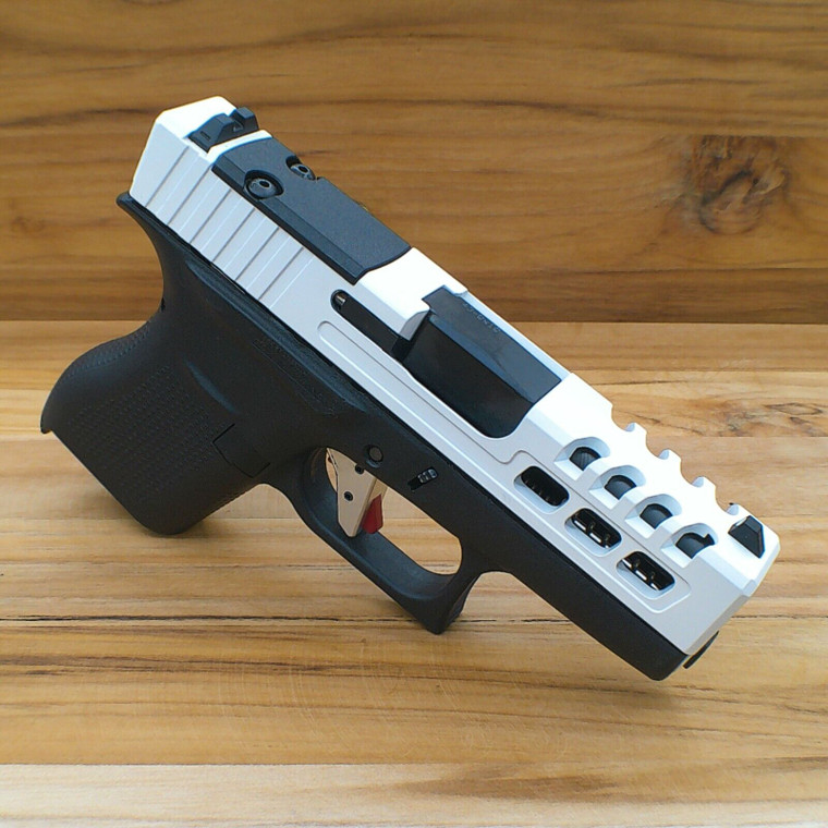 WHITE GLOCK 43 SLIDE STYLE #8 COMPLETE WITH BLACK BARREL RMSc CUT ...