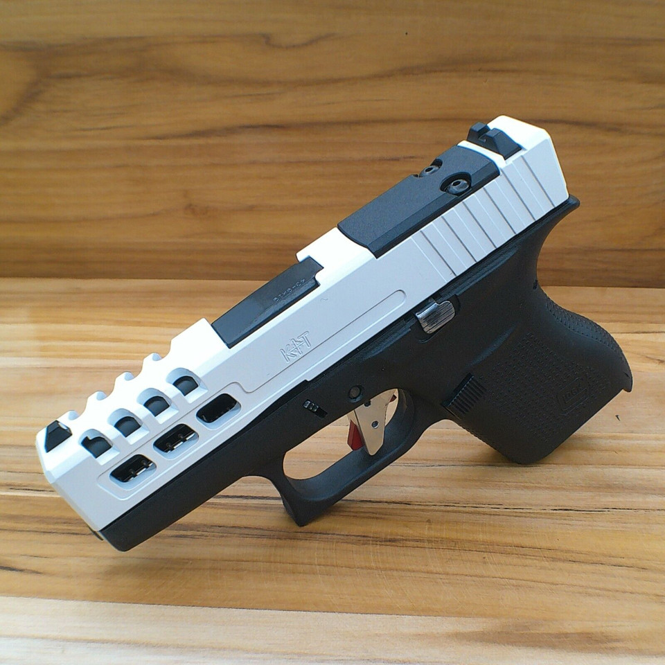 SILVER GLOCK 43 SLIDE STYLE #8 COMPLETE WITH BLACK BARREL RMSc CUT ...