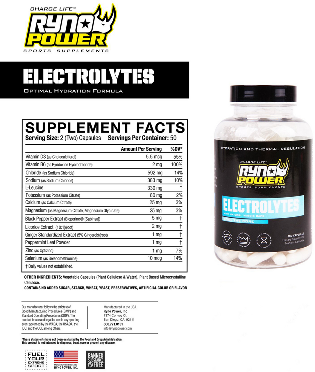 Ryno Power Electrolytes Supplement - Capsules - 100 Count Bottle - MC ...