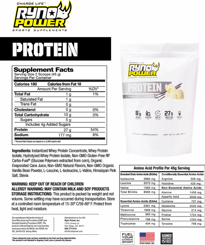 Ryno Power Protein Premium Whey Powder - Vanilla - 45 Grams - 1 Serving ...