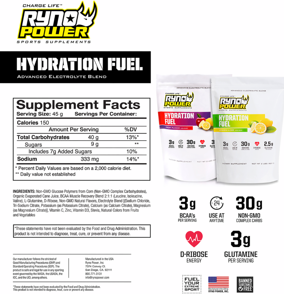 Ryno Power Hydration Fuel Electrolyte Drink Mix - Lemon / Lime - 45 ...