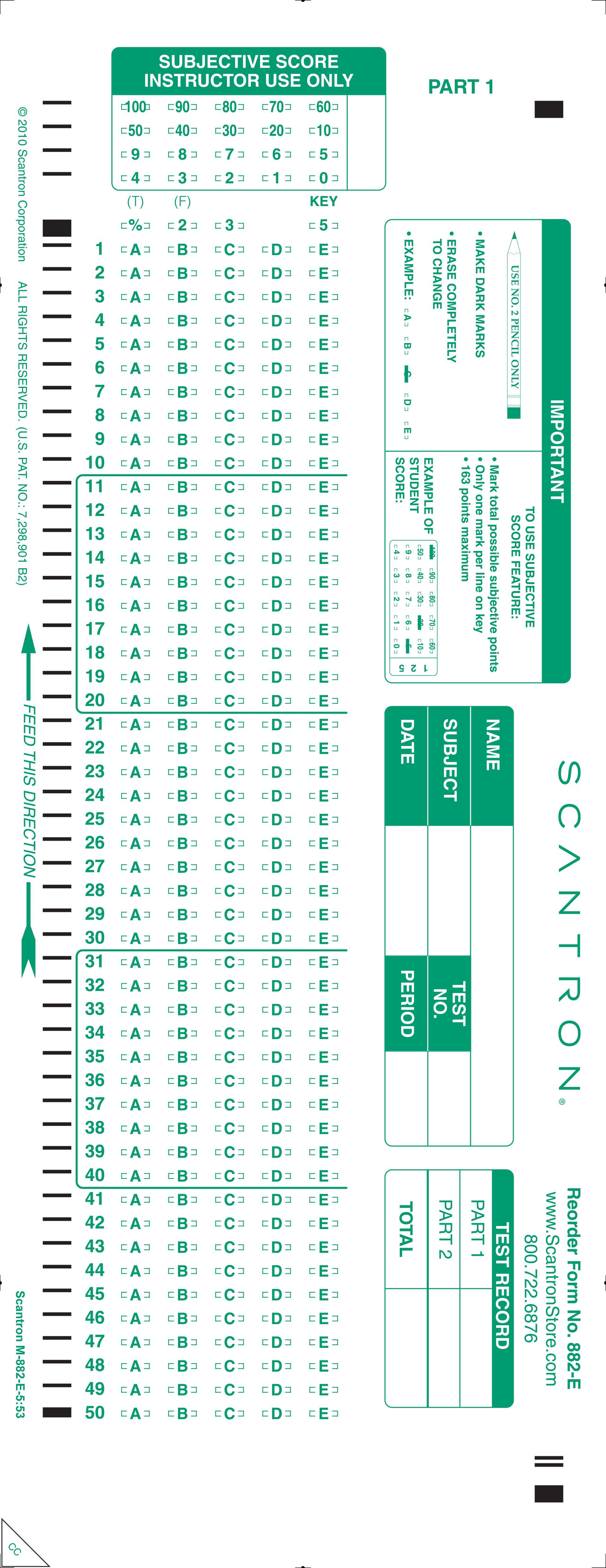 882-E Answer Sheet, 100Q, 5 Chc Alpha (500/PKG) - Scantron