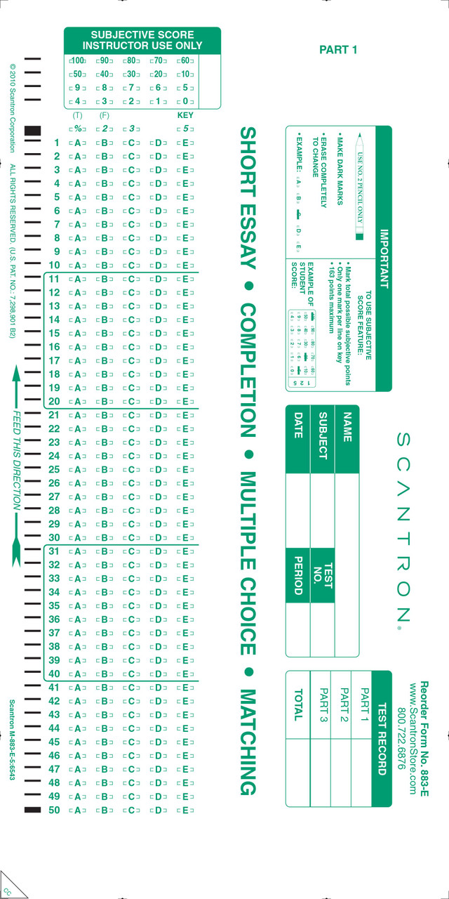 883-E 50QUS 5CHC NUM+ESSY 2SD SBJCTV (500/PKG) - Scantron Corporation
