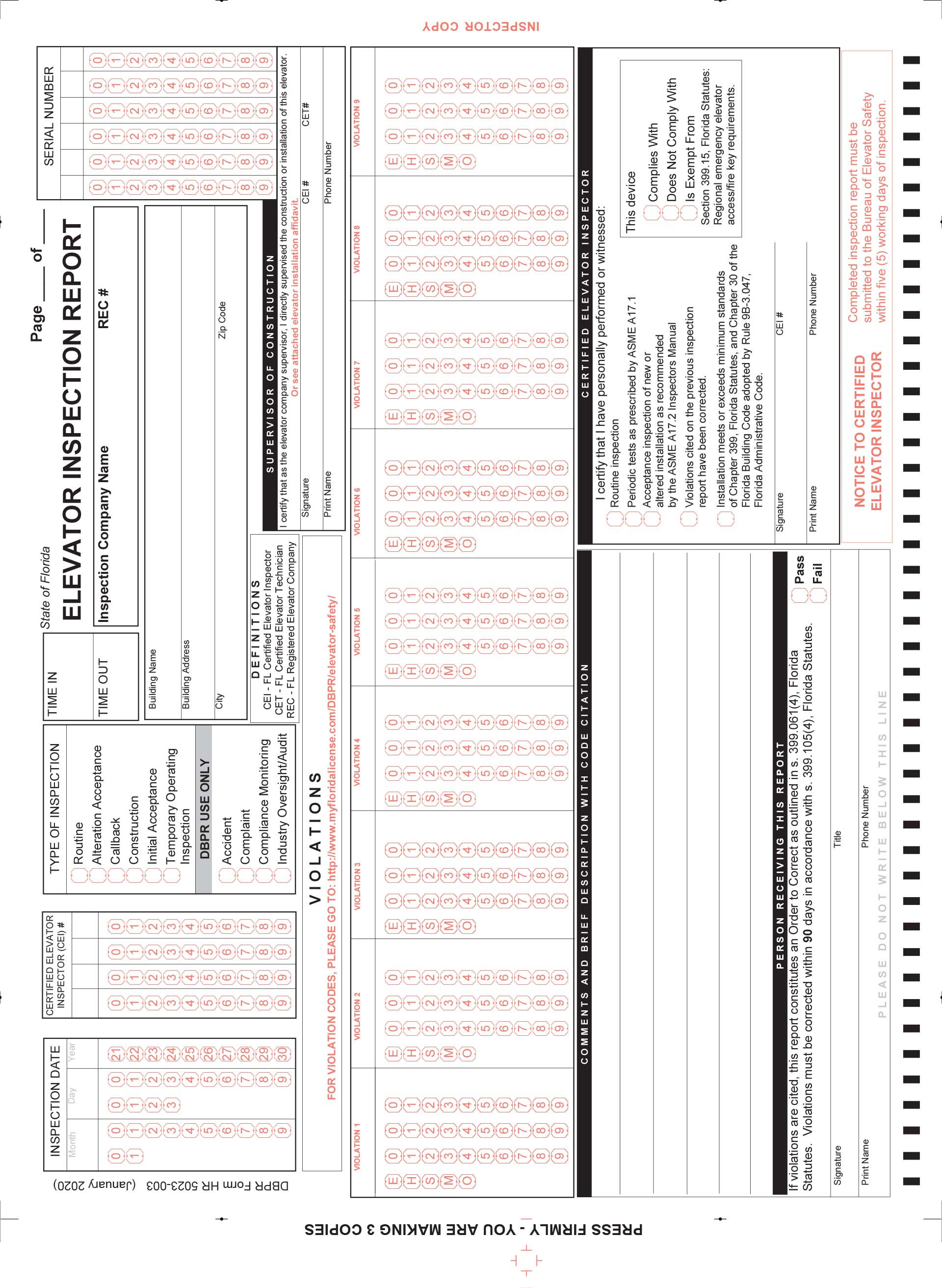 283209 Elevator Inspection Form (100/PKG) - Scantron