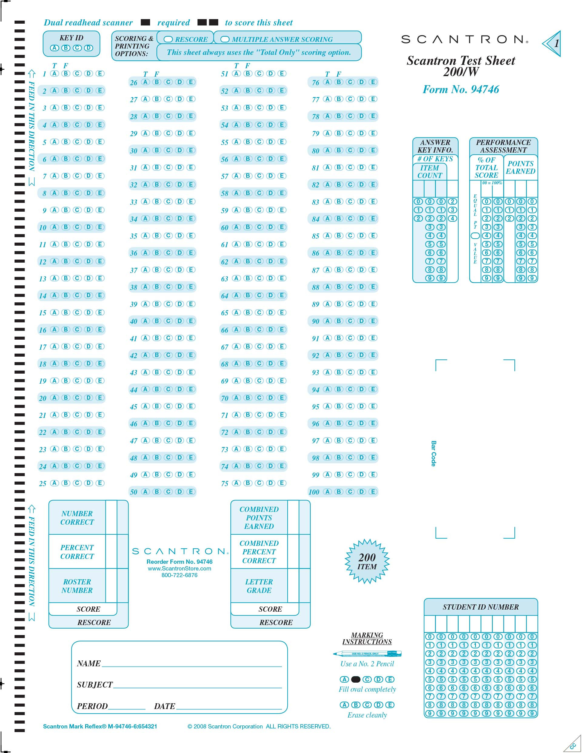 106173 Test Sheet 100 (500/PKG) - Scantron