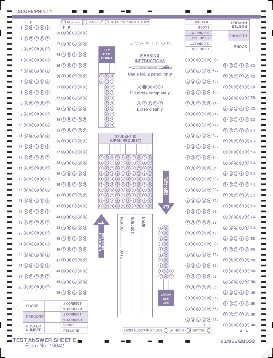 884-E Answer Sheet (QTY 500) - Scantron