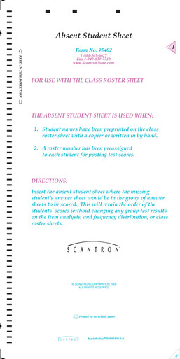 95402 Absent Student Sheet (100/PKG) - Scantron