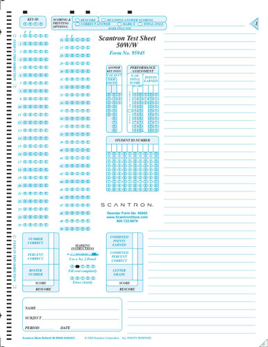 95945 Test Sheet 50 W/W (500/PKG) - Scantron