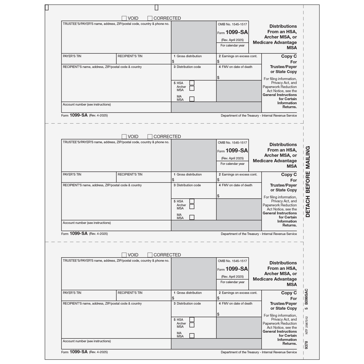 9378 - Form 1099-SA Distributions from an HSA, Archer MSA, Or Medicare ...