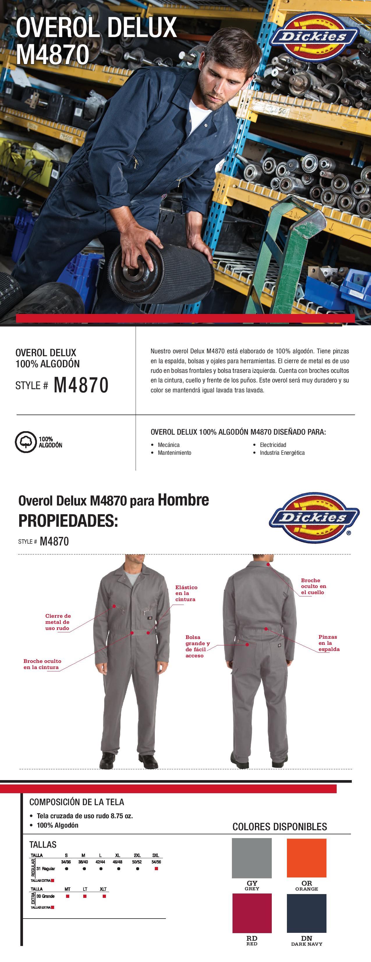 Dickies 487m M4870 Overol De Lujo Algodon 875oz Bodega De Uniformes