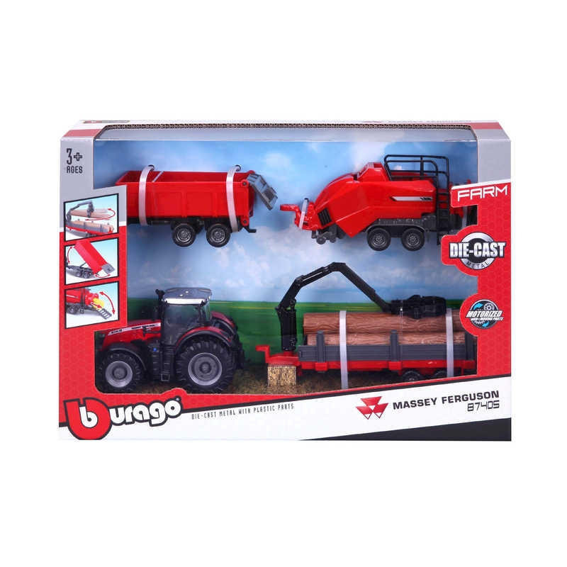 Burago Massey Ferguson 8740S Farm Tractor With Three Trailers ...
