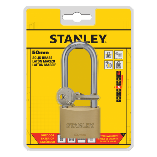 Stanley Solid Brass Long Shackle Padlock (Assorted Sizes) | Selffix DIY