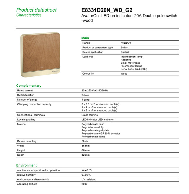 Schneider AvatarOn - LED 20A Double Pole Switch (Wood) | Selffix DIY