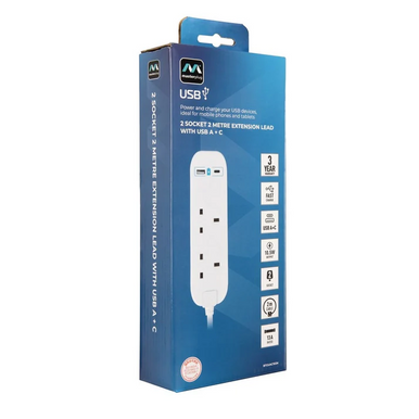 Masterplug 2 Socket 2M Extension Lead with USB A+C (BTGUAC102N ...