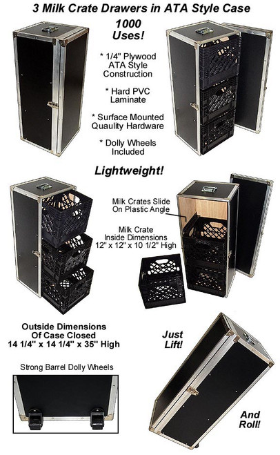 3 Milk Crate Drawers In ATA Style Case w/Dolly Wheels