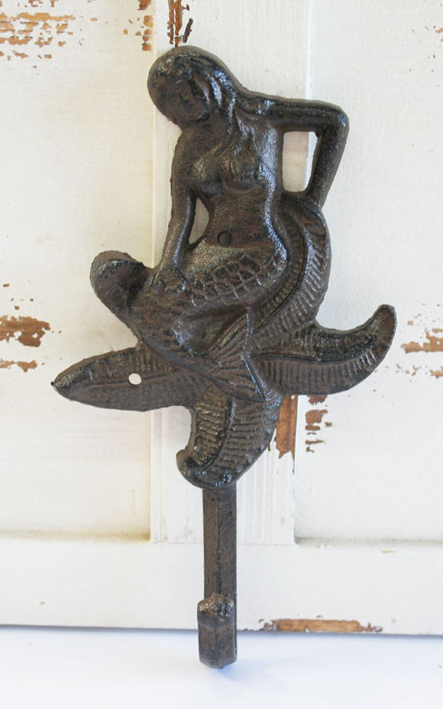 Rustic Brown Mermaid on Starfish Hook - Nautical Cast Iron Wall Hooks ...