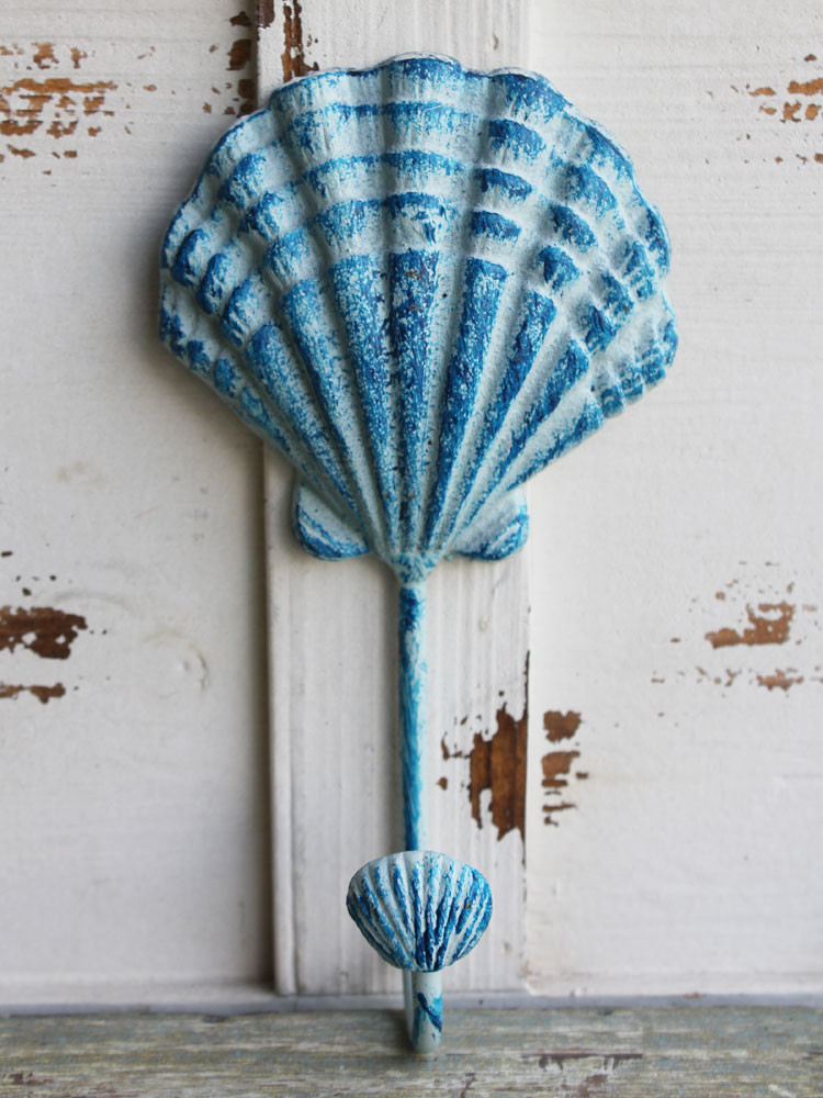 Blue Scallop Seashell Metal Wall Hook - Coastal Key Ring or Towel ...