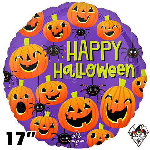17 Inch Circle Halloween Spiders & Pumpkins Foil Balloon Anagram 1ct