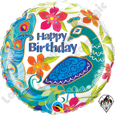 18 Inch Round Birthday Peacock Foil Balloon Qualatex 1ct.