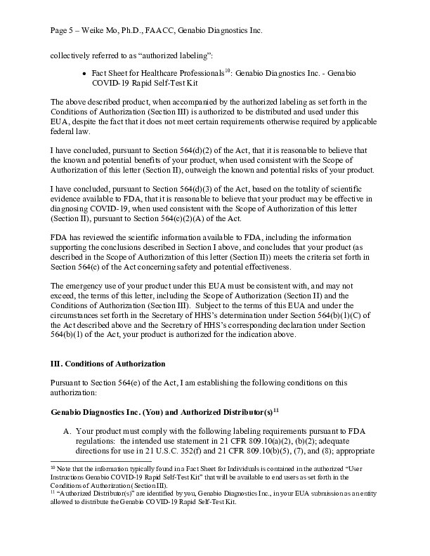 Genabio COVID-19 Rapid Self-Test Kit EUA Number: EUA220205 letter ...