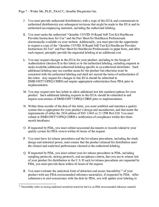 Genabio COVID-19 Rapid Self-Test Kit EUA Number: EUA220205 letter ...