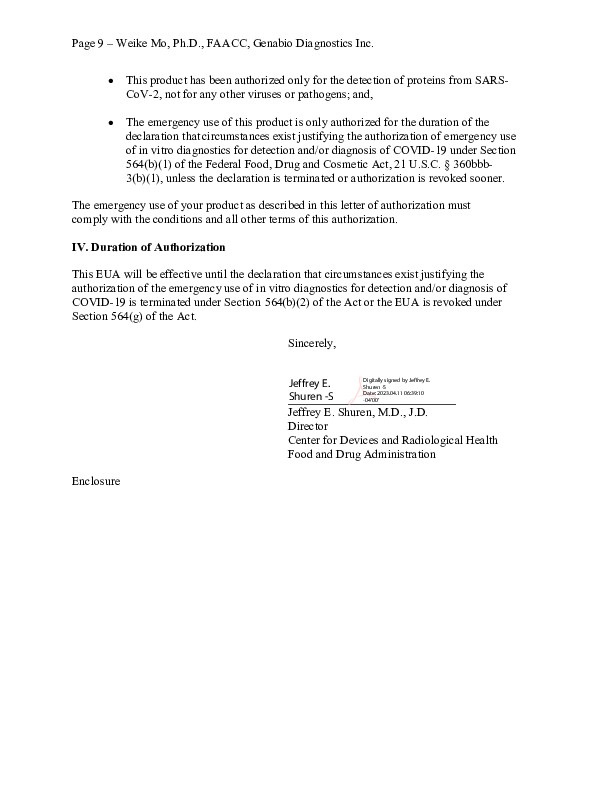 Genabio COVID-19 Rapid Self-Test Kit EUA Number: EUA220205 letter ...