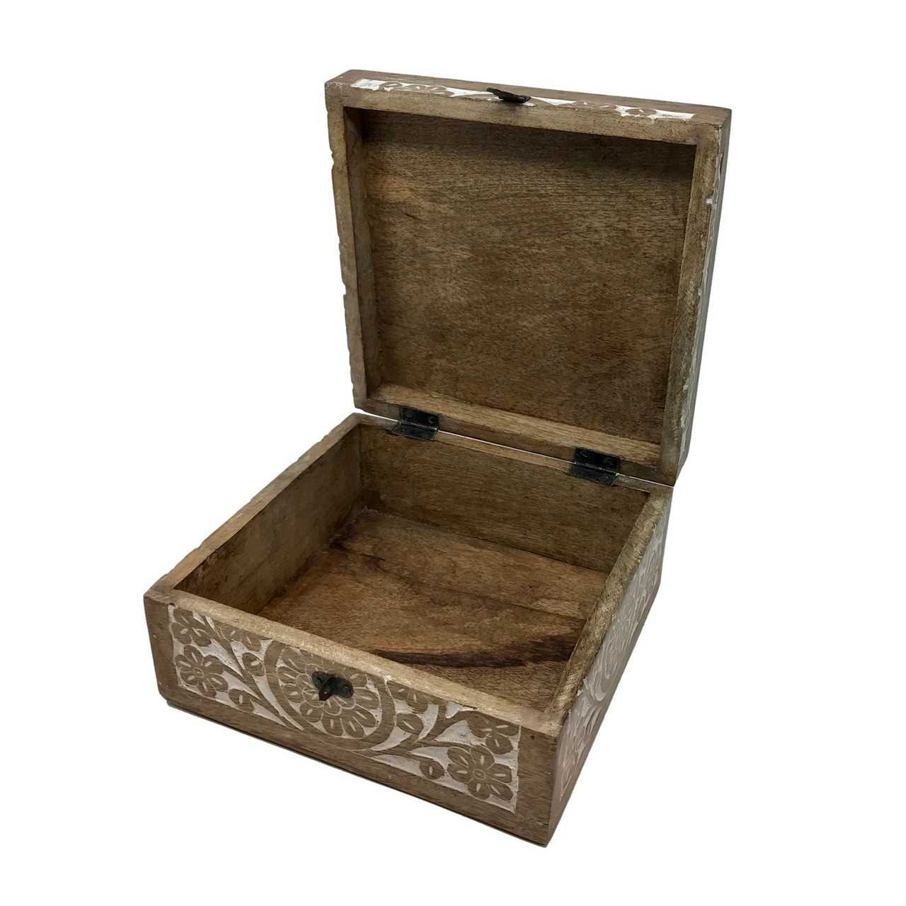 Hand Carved Wood Aztec Hinged Square Table Box