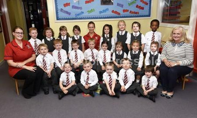 35421736-Alison Greer, right, pictured with her P1 G class at Drumahoe ...
