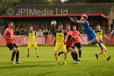 39599659-Pictured is: Fareham Town Goalkeeper Luke Deacon makes a save ...