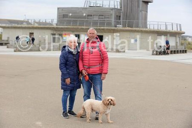 38958041-Out and about at Blyth Beach. Keith and Judith Colton with dog ...