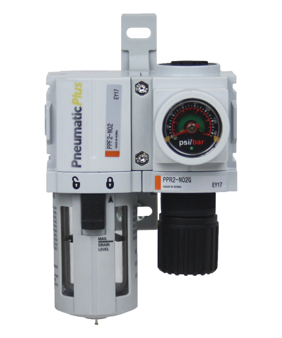 Compressed Air Filter Regulator | PneumaticPlus PPC2B-N02DG | 1/4" NPT